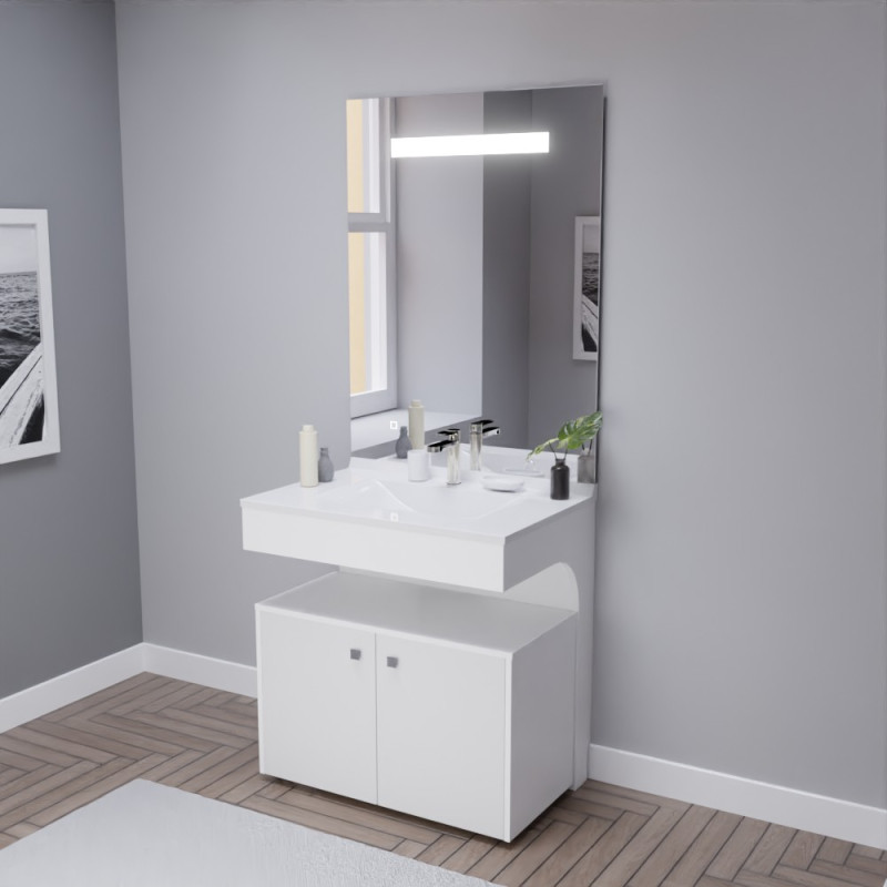 Meuble salle de bain PMR 80 cm + miroir led + rangement - Collection ...